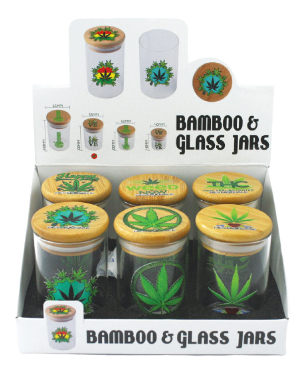 Large Glass Leaf Jars / W Bamboo Cap | Sahara Distribution